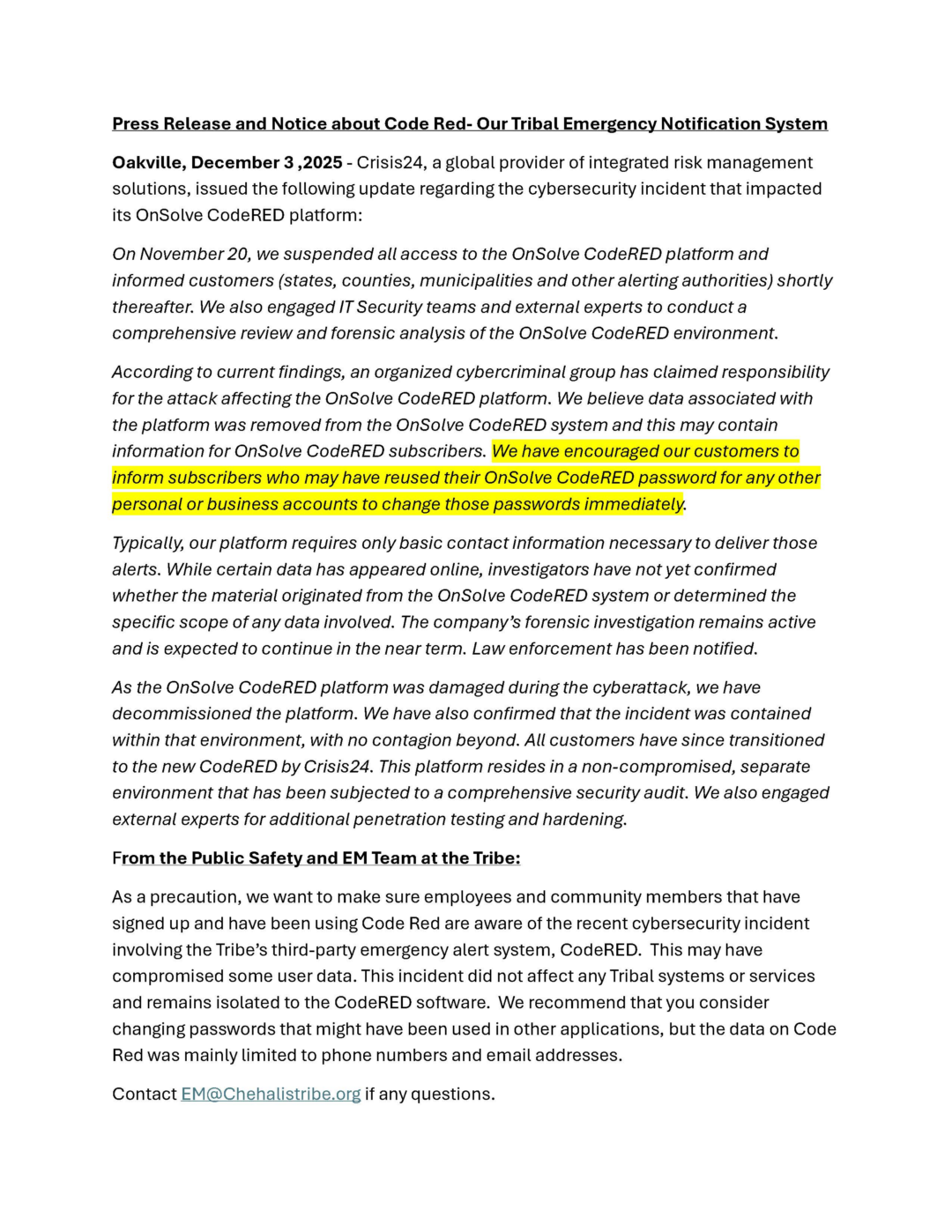 Press Release and Notice! - The Chehalis Tribe